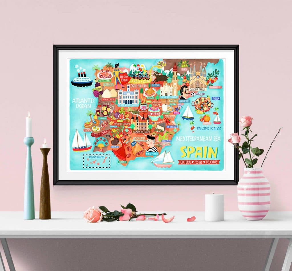 Spain Map Poster. Fun colourful map of Spain