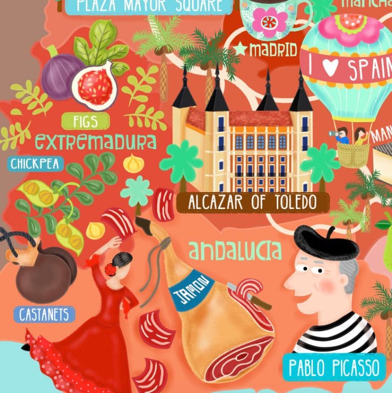 Spain Map Poster. Fun colourful map of Spain