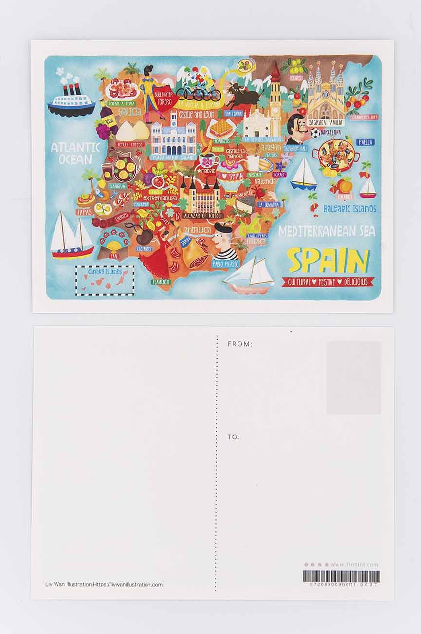 Spain Postcard Map Illustration Mini Print