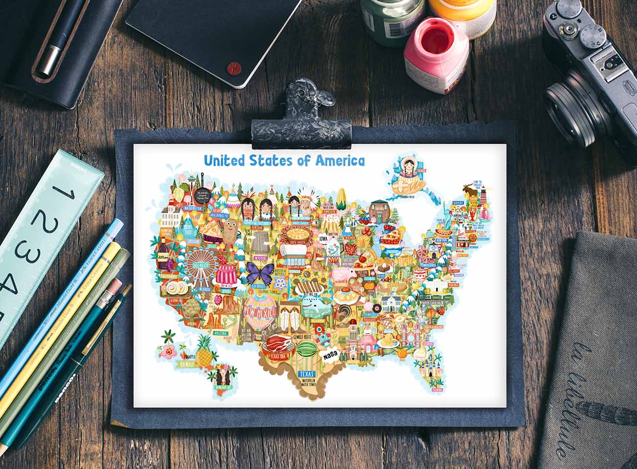 USA Map Postcard Illustration Mini Print