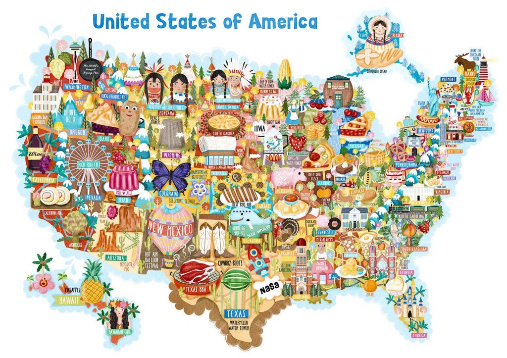 USA Map Postcard Illustration Mini Print