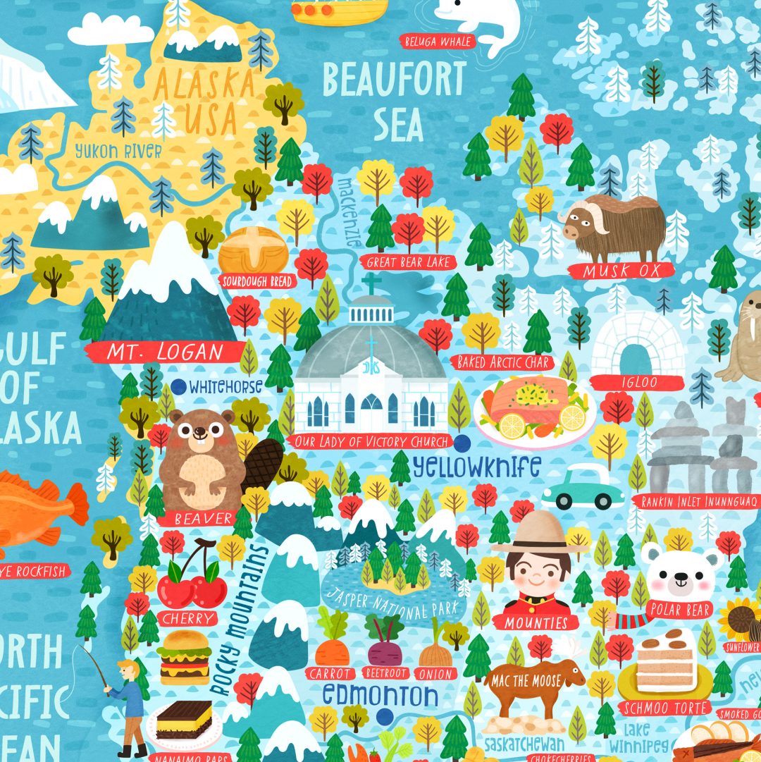 Canada Map Poster. Illustrated Map of Canada fun and colourful wall art