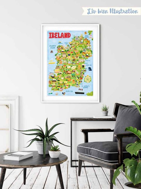 Ireland Map Poster Wall Art Illustration Colourful fun