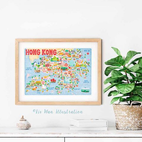 Hong Kong Map Poster Wall Art Illustration, Fun Colourful