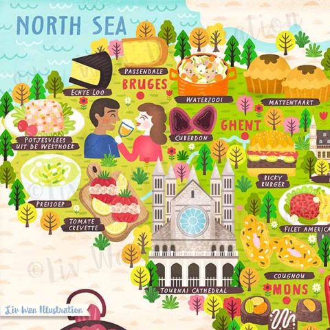 Belgium Map Poster Wall Art Illustration, Fun Colourful