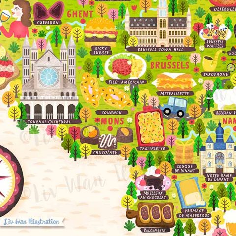 Belgium Map Poster Wall Art Illustration, Fun Colourful