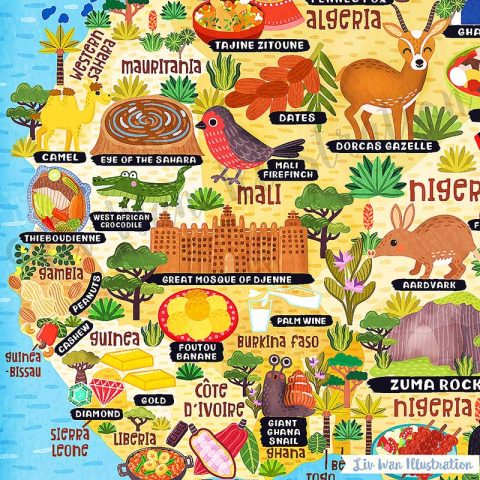 Africa Map Poster Wall Art Illustration, Fun Colourful