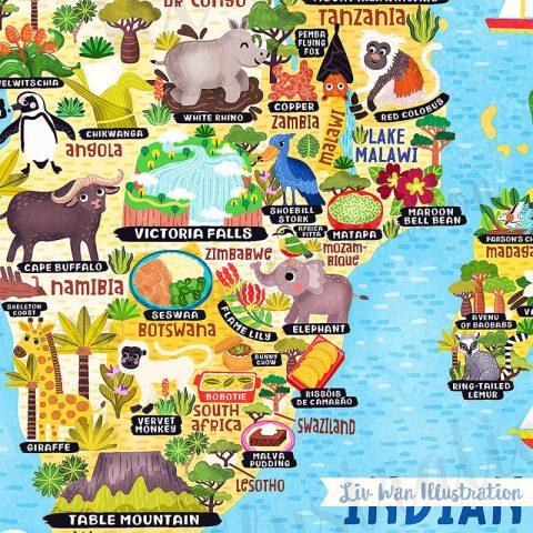 Africa Map Poster Wall Art Illustration, Fun Colourful