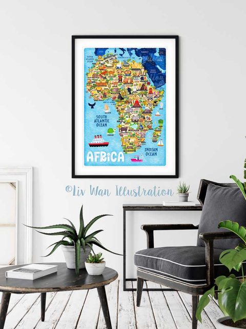 Africa Map Poster Wall Art Illustration, Fun Colourful