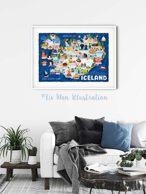 Iceland Map Poster Wall Art Illustration, Fun Colourful
