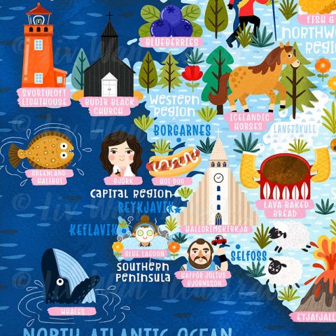 Iceland Map Poster Wall Art Illustration, Fun Colourful
