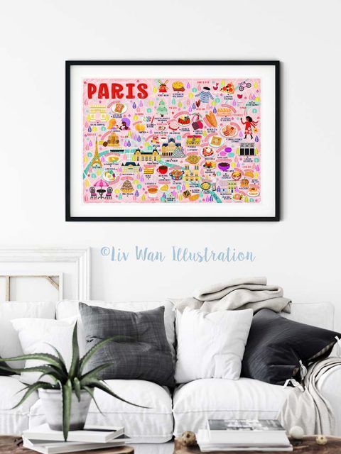 Paris Map Poster Wall Art Illustration, Fun Colourful