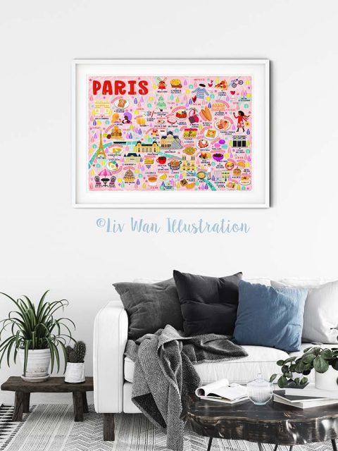 Paris Map Poster Wall Art Illustration, Fun Colourful