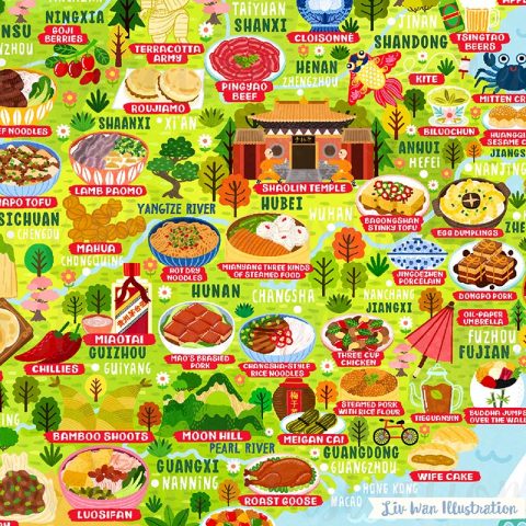 China Map Poster Wall Art Illustration, Fun Colourful