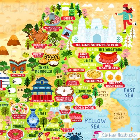 China Map Poster Wall Art Illustration, Fun Colourful