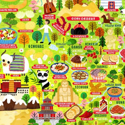 China Map Poster Wall Art Illustration, Fun Colourful