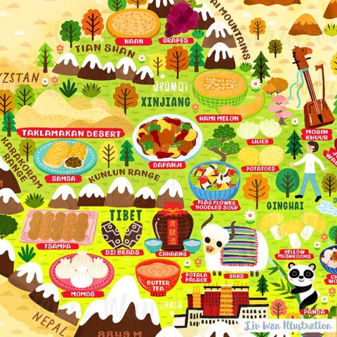 China Map Poster Wall Art Illustration, Fun Colourful