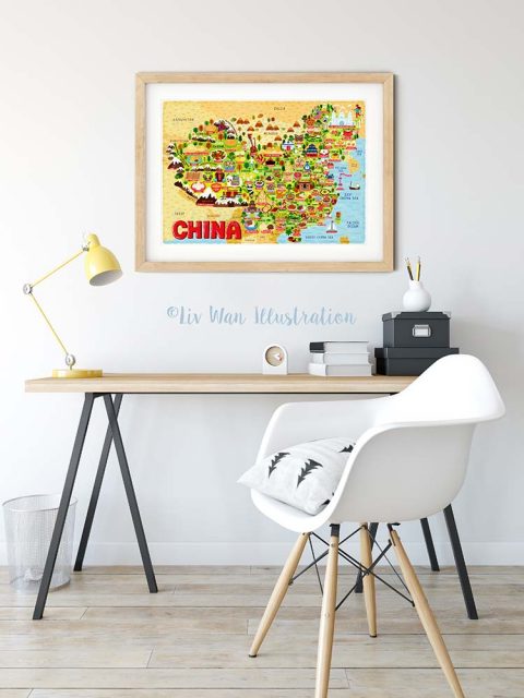 China Map Poster Wall Art Illustration, Fun Colourful