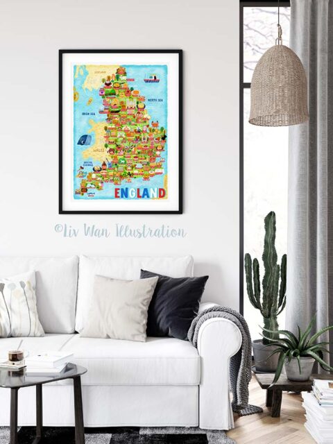 England Map Poster. Fun map of England. Ships Regionally
